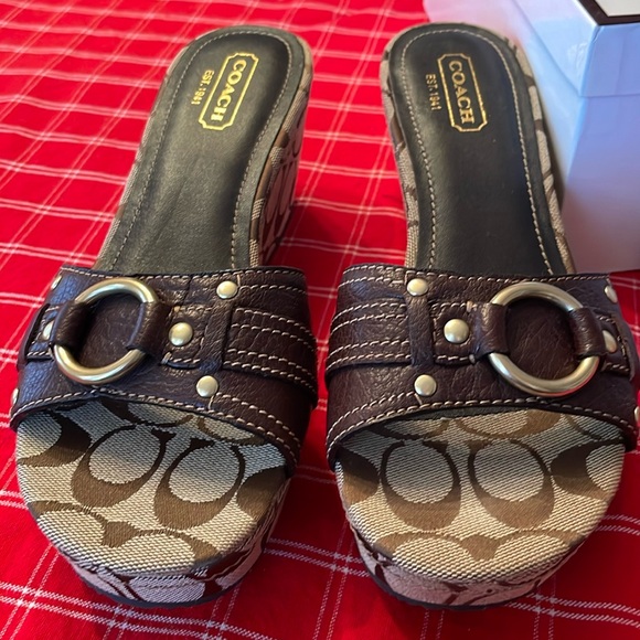 Coach | Shoes | Coach New Signature Brown Chestnut Leather Slides Gold ...